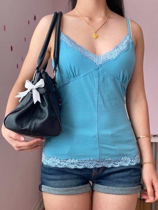 Mexx | Tops | Vintage Y2k Blue Lace Trim Cami | Poshmark